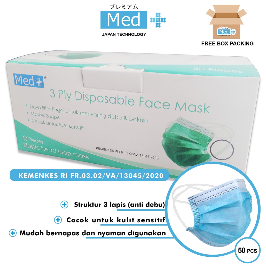 Jual Med+ Masker 3Ply Hijau/Biru/Putih/Hitam/Pink 50 Pcs / Masker 3Ply ...