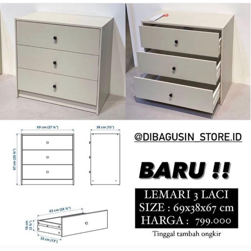 Jual Drawer 3 laci / kabinet 3 laci krem muda | Shopee Indonesia