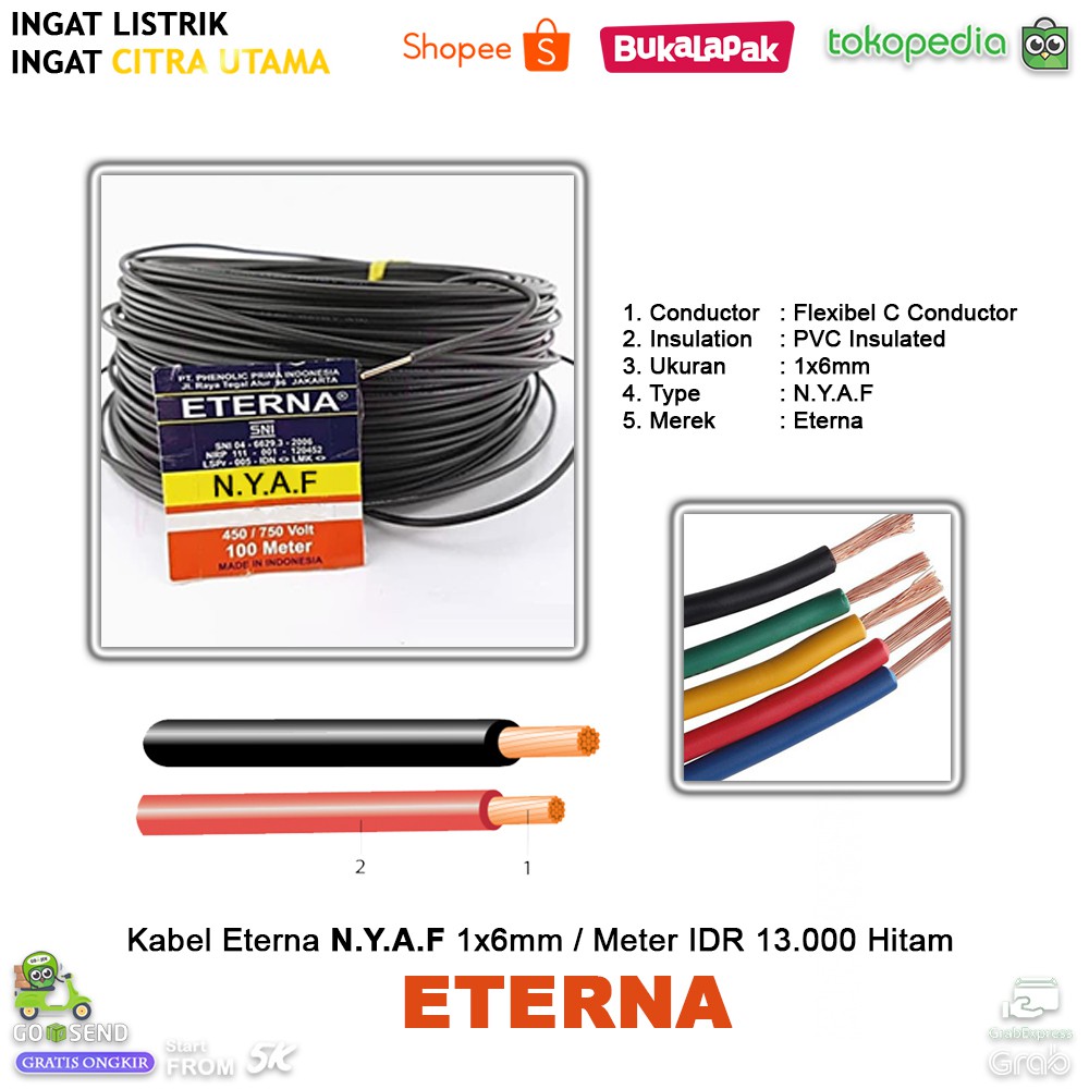 Jual KABEL TUNGGAL TEMBAGA SERABUT NYAF 1x6mm ETERNA - Hitam | Shopee Indonesia