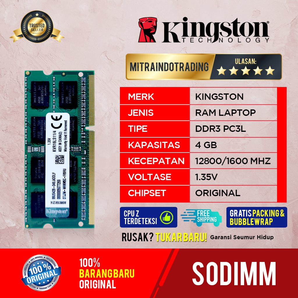 Jual RAM KINGSTON SODIMM DDR3L 4GB PC 12800 | Shopee Indonesia