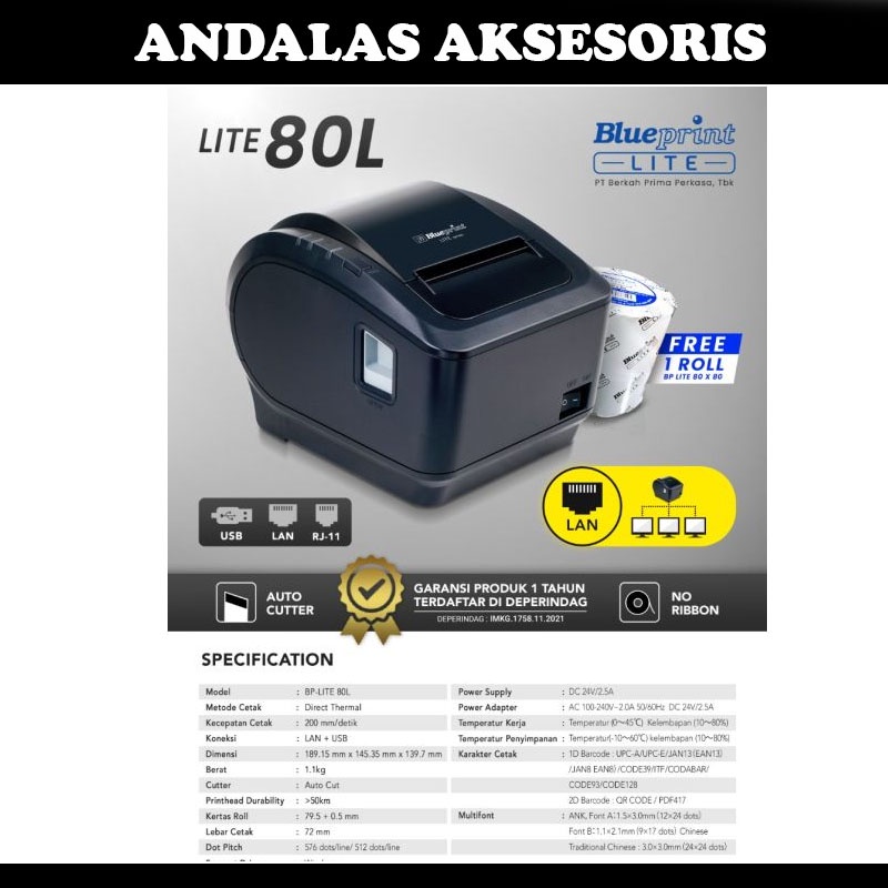 Jual DESKTOP THERMAL PRINTER LAN USB RJ11 BLUEPRINT BP-LITE 80L | Shopee Indonesia