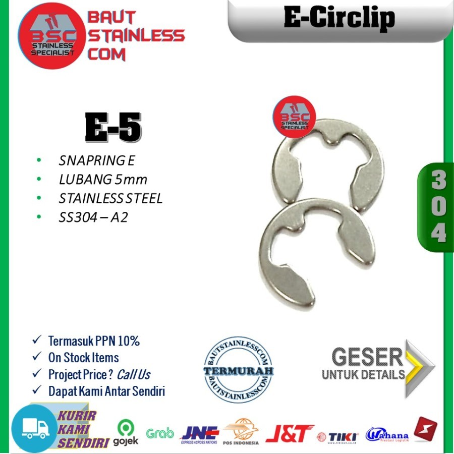 Jual CIRCLIP SNAPRING STAINLESS SS304 TYPE - E5 LOCKING SNAPRING ISI 10 ...