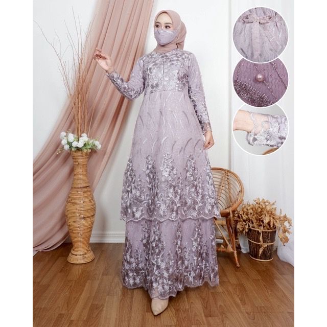Jual Davira (New Product)Dress Susun Full Brukat Free Masker/Busui Friendly / Gamis Pesta ...