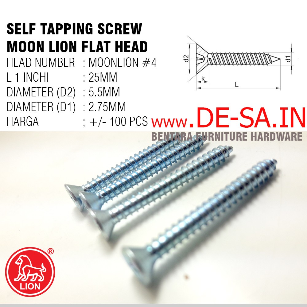 Jual 100 x Moon Lion Skrup #4 x 25MM - Self Tapping Flat Head Screw ...