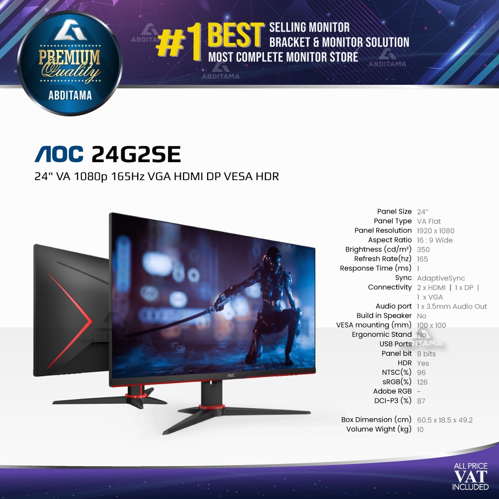 Jual Monitor LED AOC 24G2SE 24" VA 1080p 165Hz VGA HDMI DP VESA HDR ...