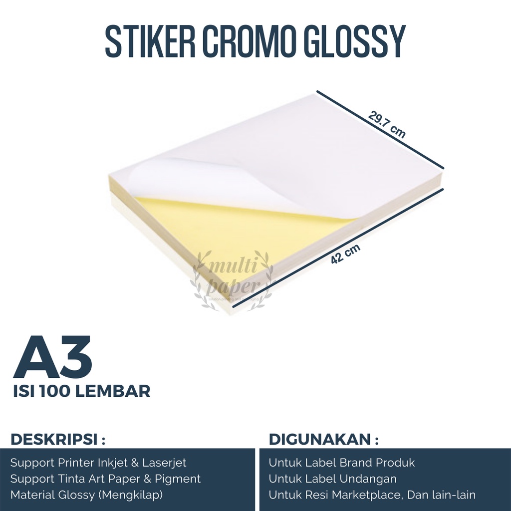 Jual Kertas Sticker A3 Glossy isi 100 lembar / Kertas Sticker Chromo A3 ...