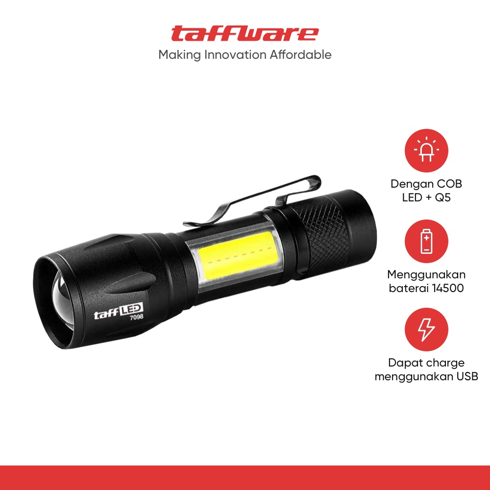 Jual TaffLED Senter LED Mini Battery Rechargeable Q5 + COB 300 Lumens ...