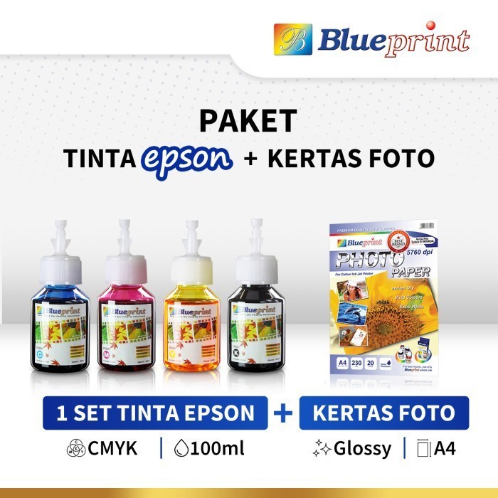 Jual Tinta Epson 664 BLUEPRINT 100ml 1 Set + Kertas foto Glossy A4 230gsm | Shopee Indonesia