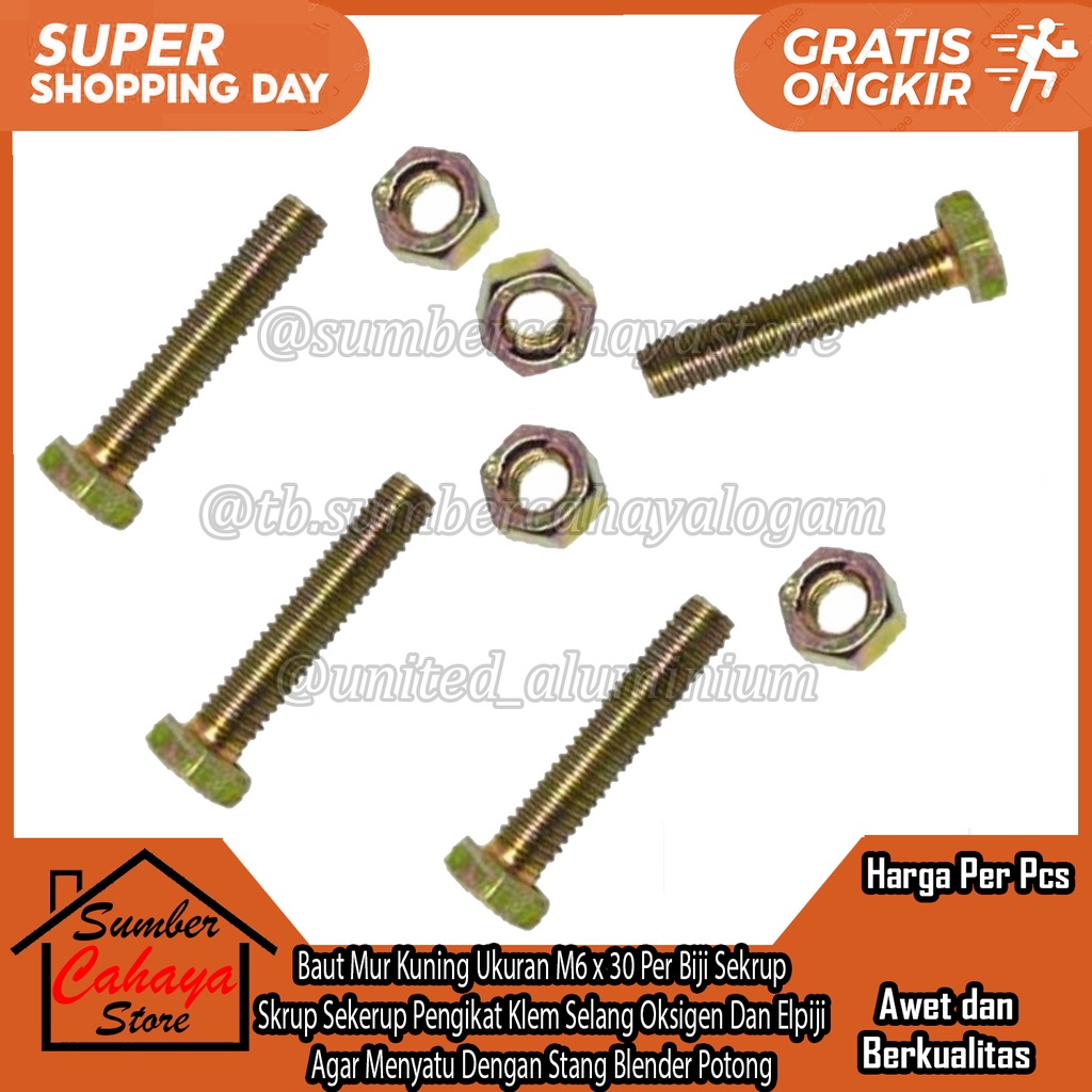 Jual Baut Mur Kuning Ukuran M6 x 30 Hexagon Bolts Nuts Besi Per Biji ...