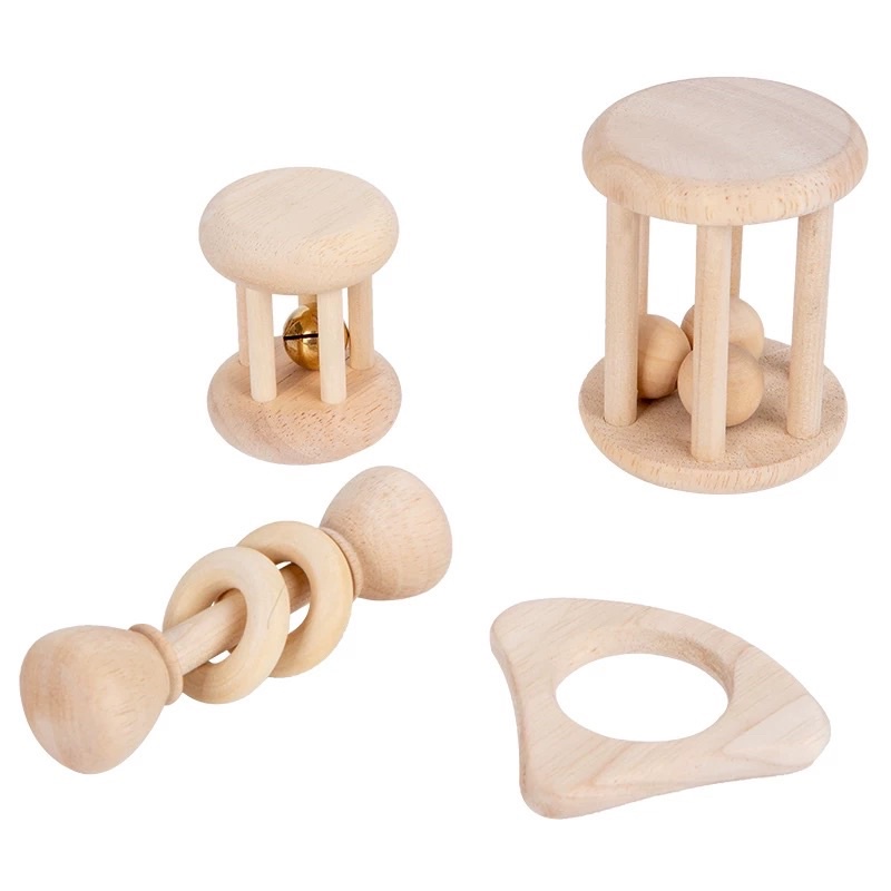 Jual Wooden Baby Rattle Toy Montessori Teething Ring Log Geometric Grab ...