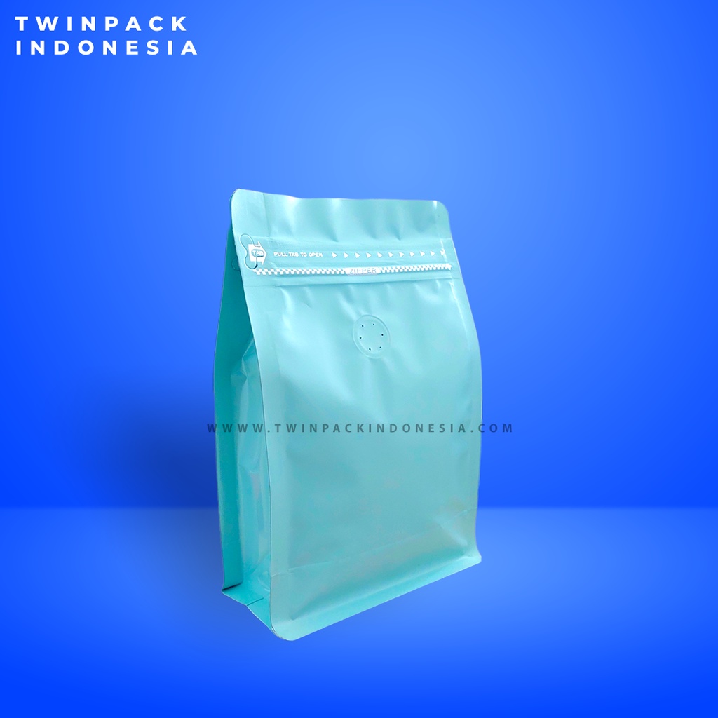 Jual Kemasan Kopi 200 - 250 Gram Ziplock Biru Muda Flat Bottom | Valve | Zipper | Packaging Kopi ...