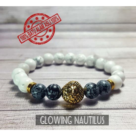 Jual Gelang Batu Asli Cowok Cewek Howlite Snowflake Golden Lion 8mm ...