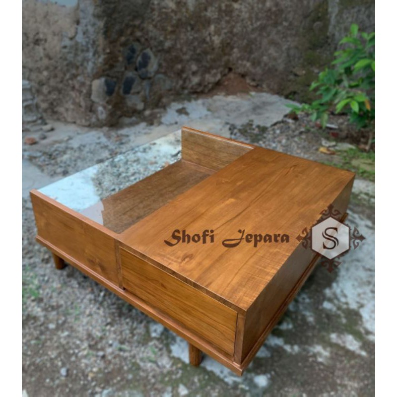 Jual Meja Tamu Coffee Table Kayu Jati dan Kaca 2 Laci | Shopee Indonesia