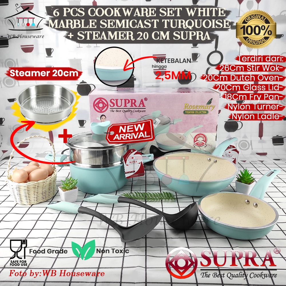 Jual panci set supra 6pcs white marble turquoise + steamer / cookware ...
