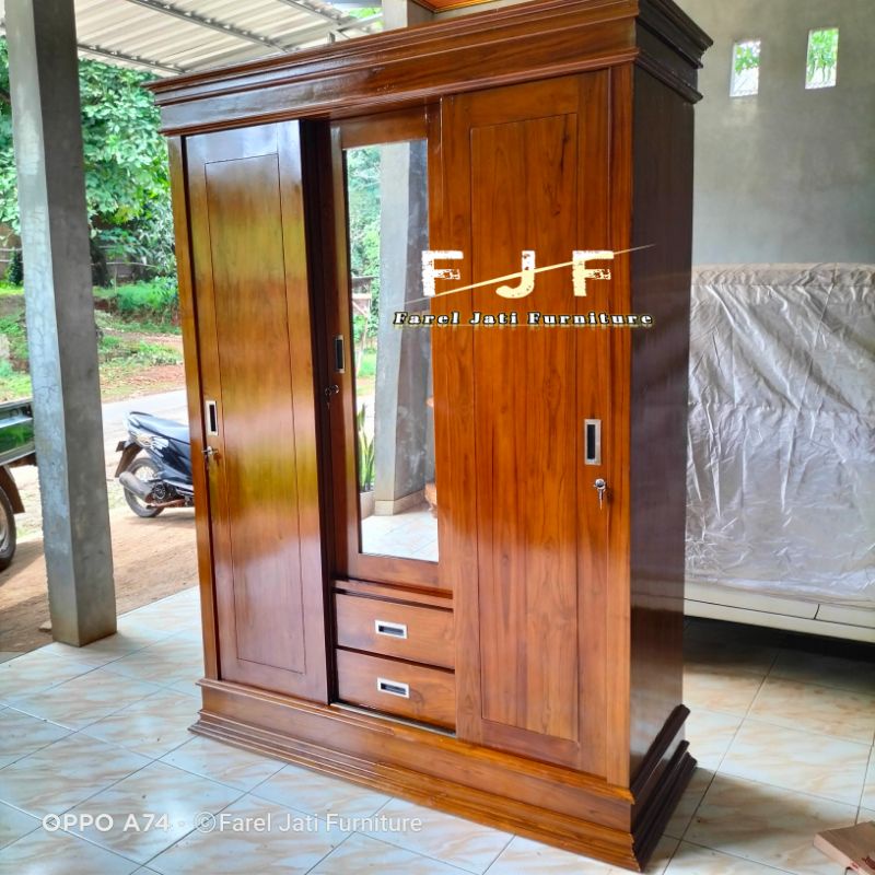 Jual Lemari Pakaian Jati 3 Pintu Geser Sliding Minimalis Modern Almari Baju Pakaian | Shopee ...