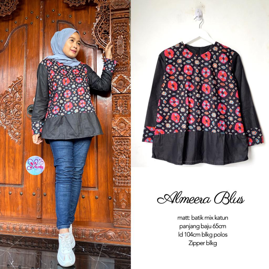 Jual Almeera Blus / Blus Batik Wanita Kombinasi Polos / Blus Batik Wanita Kantor | Shopee Indonesia