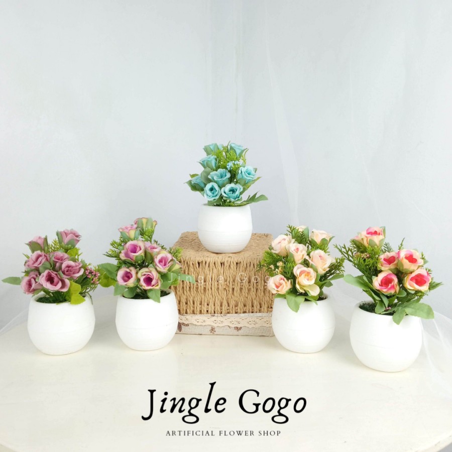 Jual Pot Mini Bunga Mawar Mekar Biru Artificial Dekorasi Rumah ...