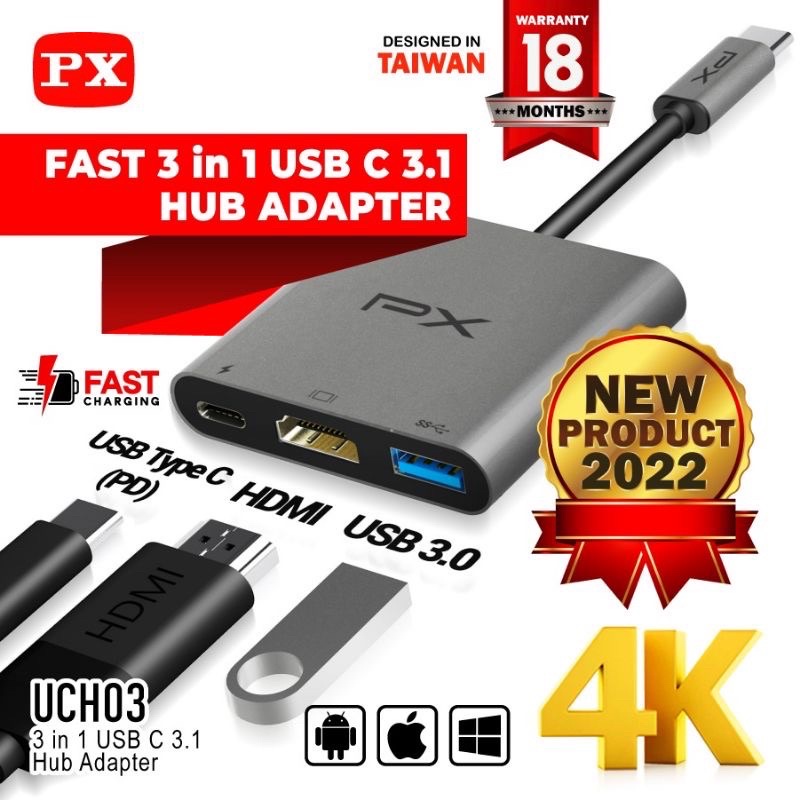 Jual USB Hub PX 3 In 1 Converter USB Type C To HDMI USB 3.0 w PD ...