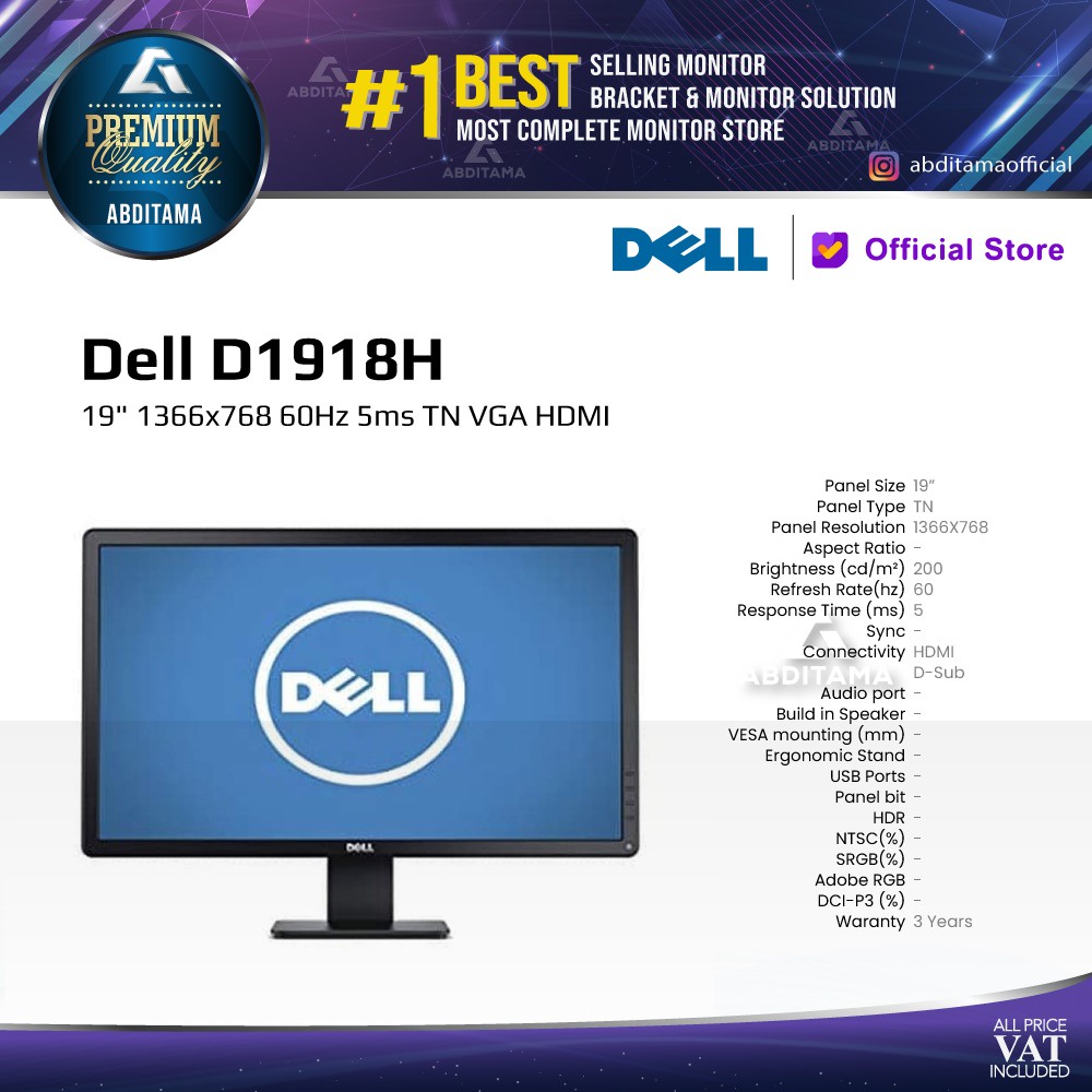 Jual Monitor LED Dell D1918 D1918H 19" 1366x768 60Hz 5ms TN VGA HDMI ...