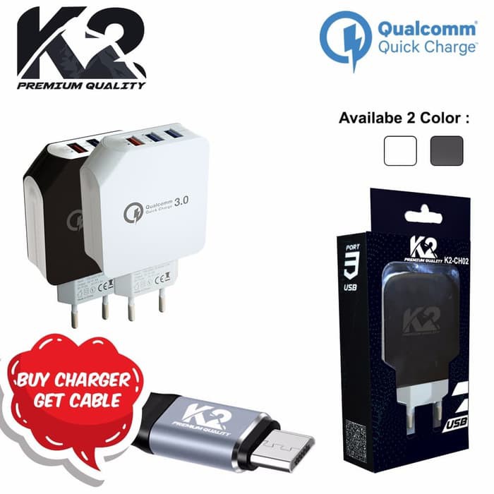 Jual [ 3 PORT USB ] Charger K2 Premium Quality [K2-CH02] QUALCOMM 3.0 FAST | Shopee Indonesia