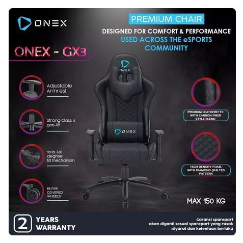 Jual ONEX GX3 Premium Quality Gaming Chair Kursi ( Black & Black-Blue ...