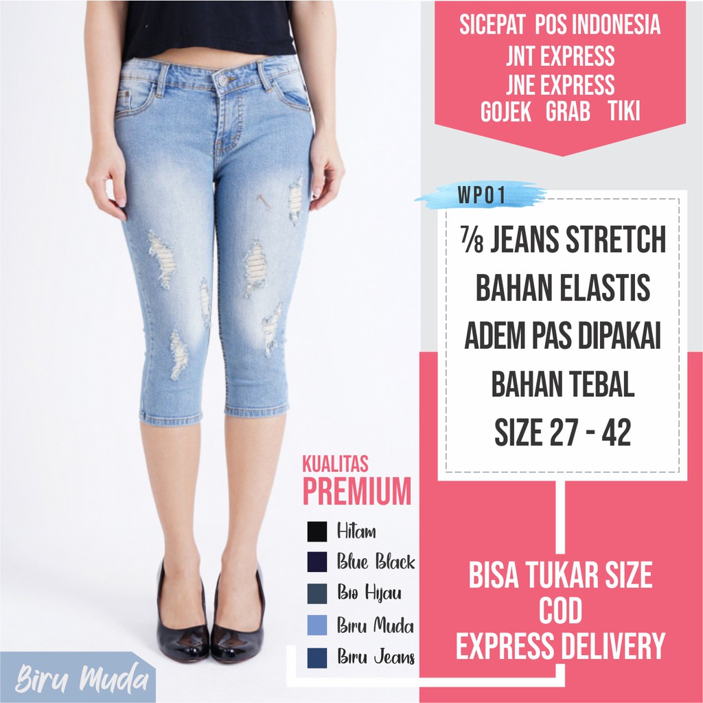 Jual Ripeed Jeans 7/8 Biru Short Pants Sobek Robek Celana Pendek wanita big size kekinian melar ...
