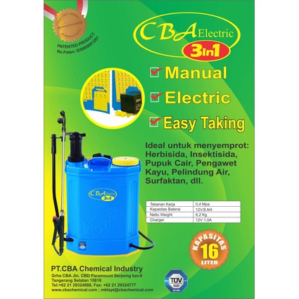 Jual CBA Electric Sprayer knapsack tipe 5.5 elektrik + manual 16L 3in1 ...