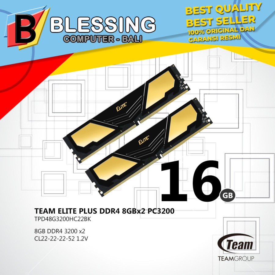 Jual RAM TEAM ELITE PLUS DDR4 16GB (2x8GB) PC3200 (TPD48G3200HC22BK ...
