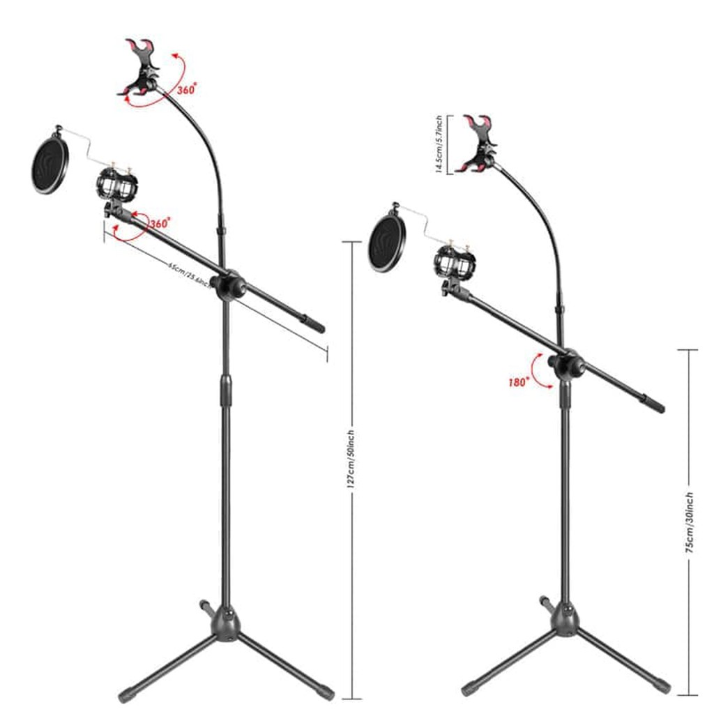 Jual Stand Mic Microphone Degree Berdiri Plus Holder Hp 360 Recording ...
