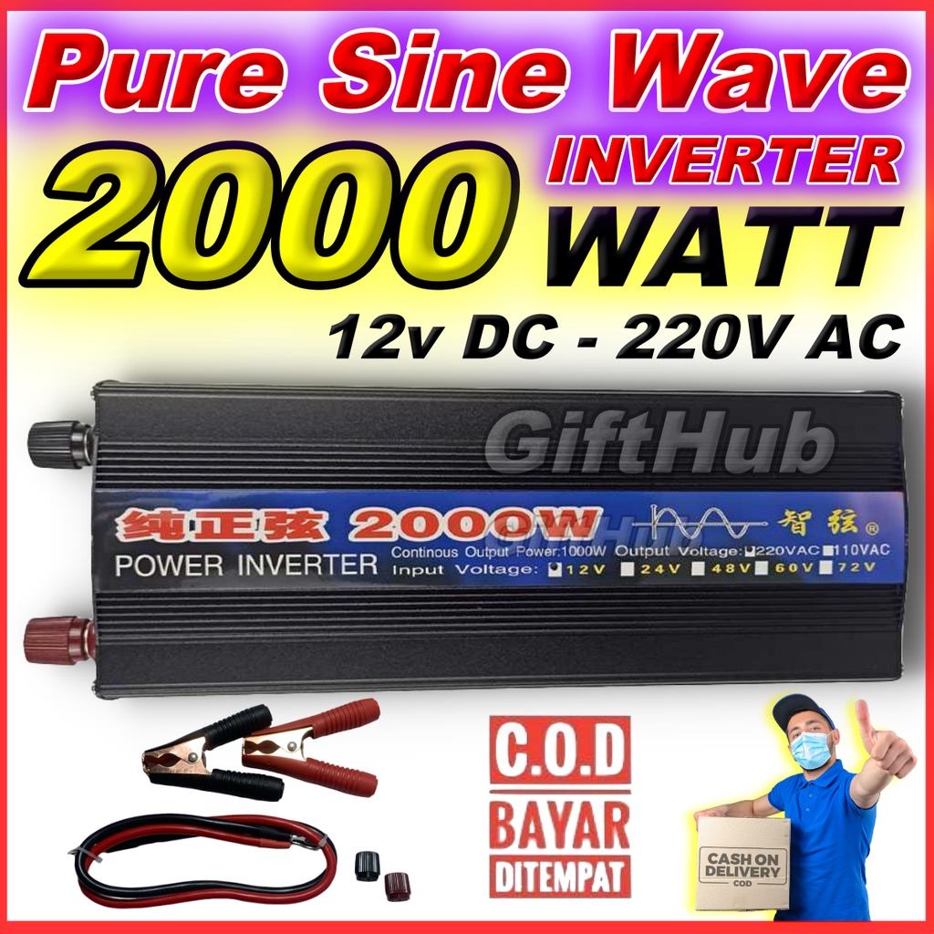 Jual Car Power Inverter With Pure Sine Wave DC 12V to AC 220V 1000W / 2000W Digital Aki Battery ...