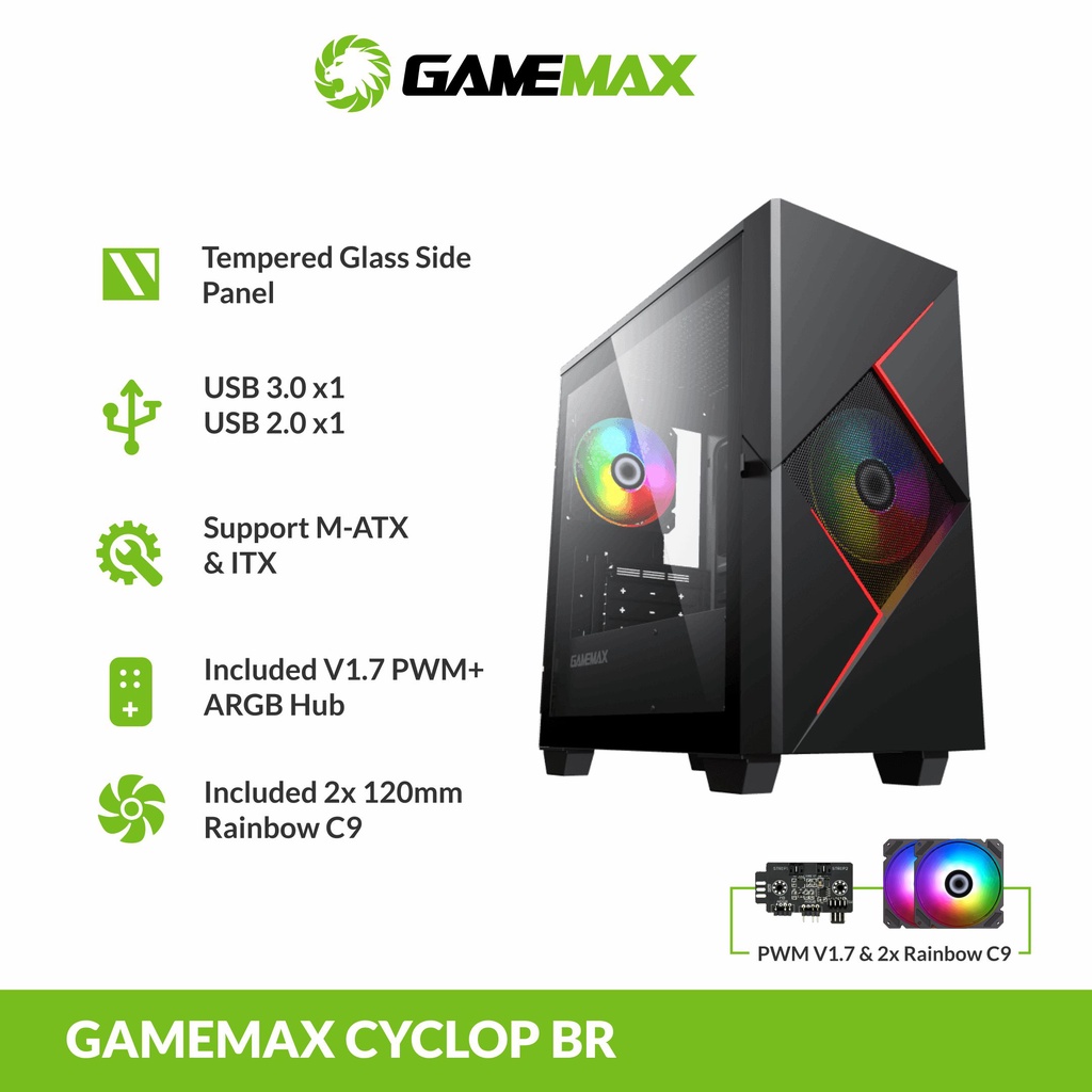 Jual Gamemax Cyclops Black Red M-ATX PC Case with ARGB fan & PWM v1.7 ...