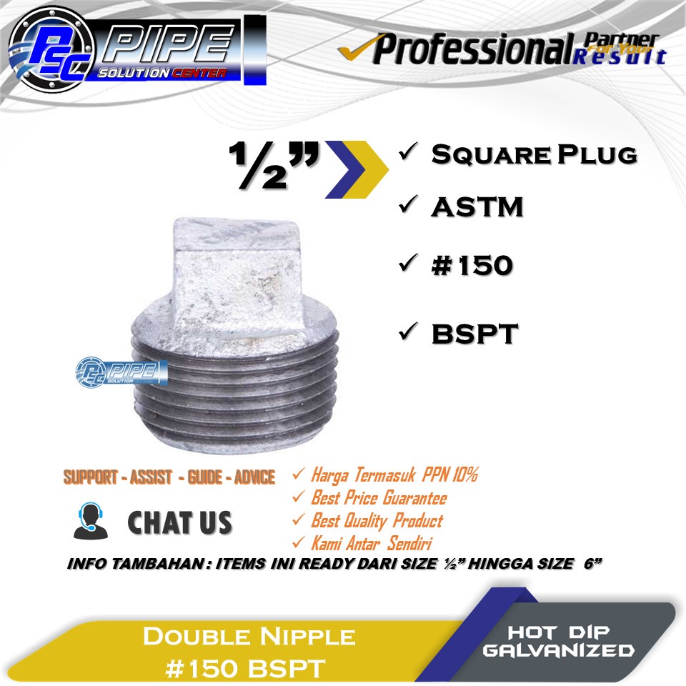 Jual SQUARE PLUG PIPE PIPA BESI GALV DRAT BESI BSPT 1/2" - 1-1/2 ...