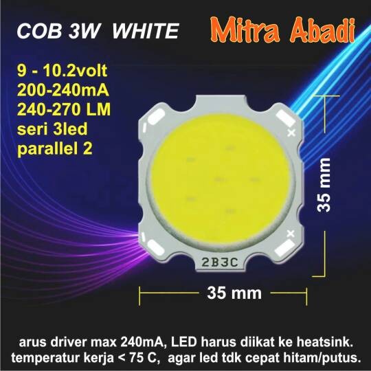 Jual LED COB 3W Putih/White 28/20 mm 9-10,2V 200-240 mA High Power LED ...