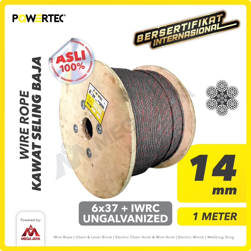 Jual POWERTEC Wire Rope / Kawat Seling Baja 6x37 IWRC 14mm Ungalv - 1 Meter | Shopee Indonesia