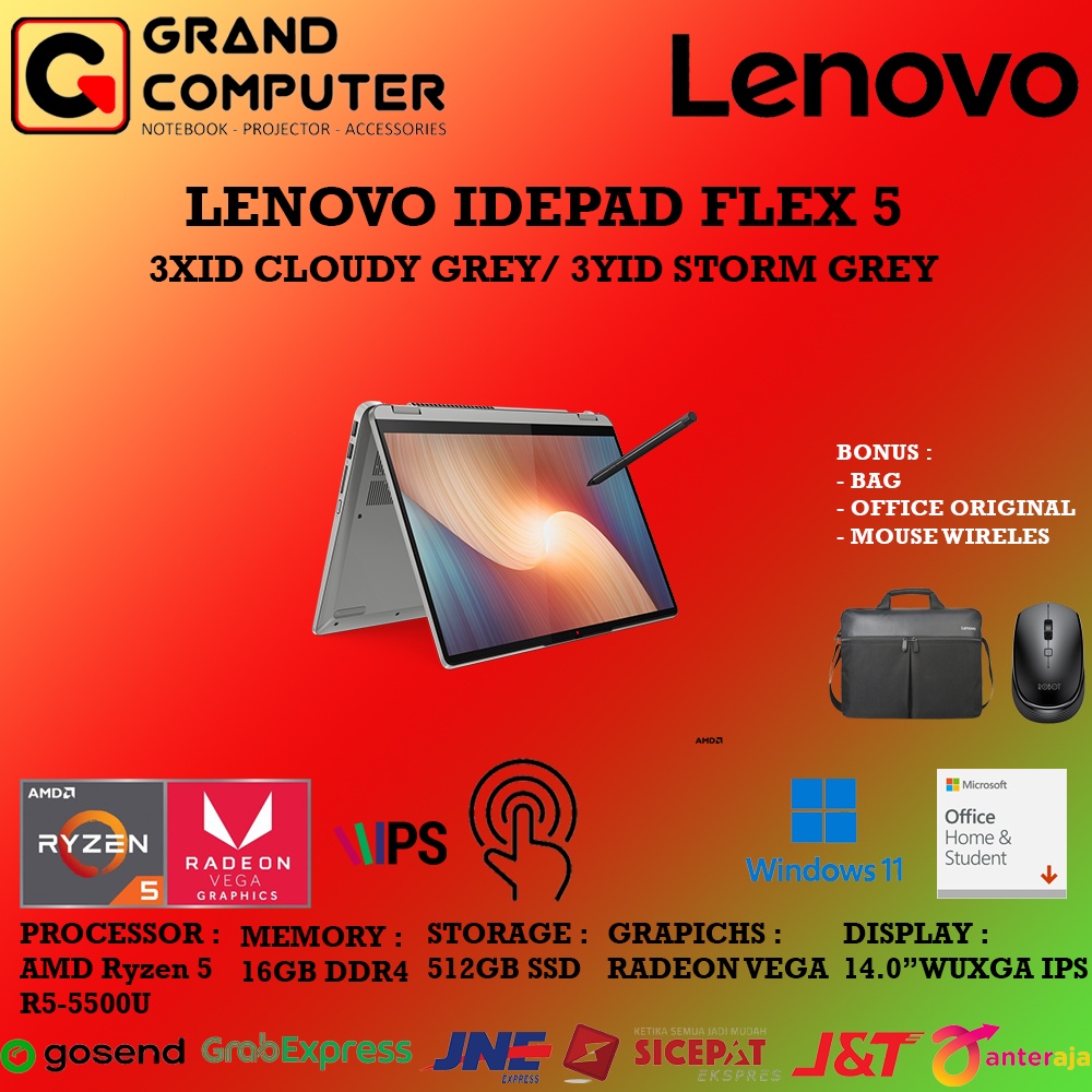 Jual LENOVO IDEAPAD FLEX 5 3XID-3YID RYZEN 5 5500U 16GB 512GB 14"Touch WINDOWS 11+OHS | Shopee ...