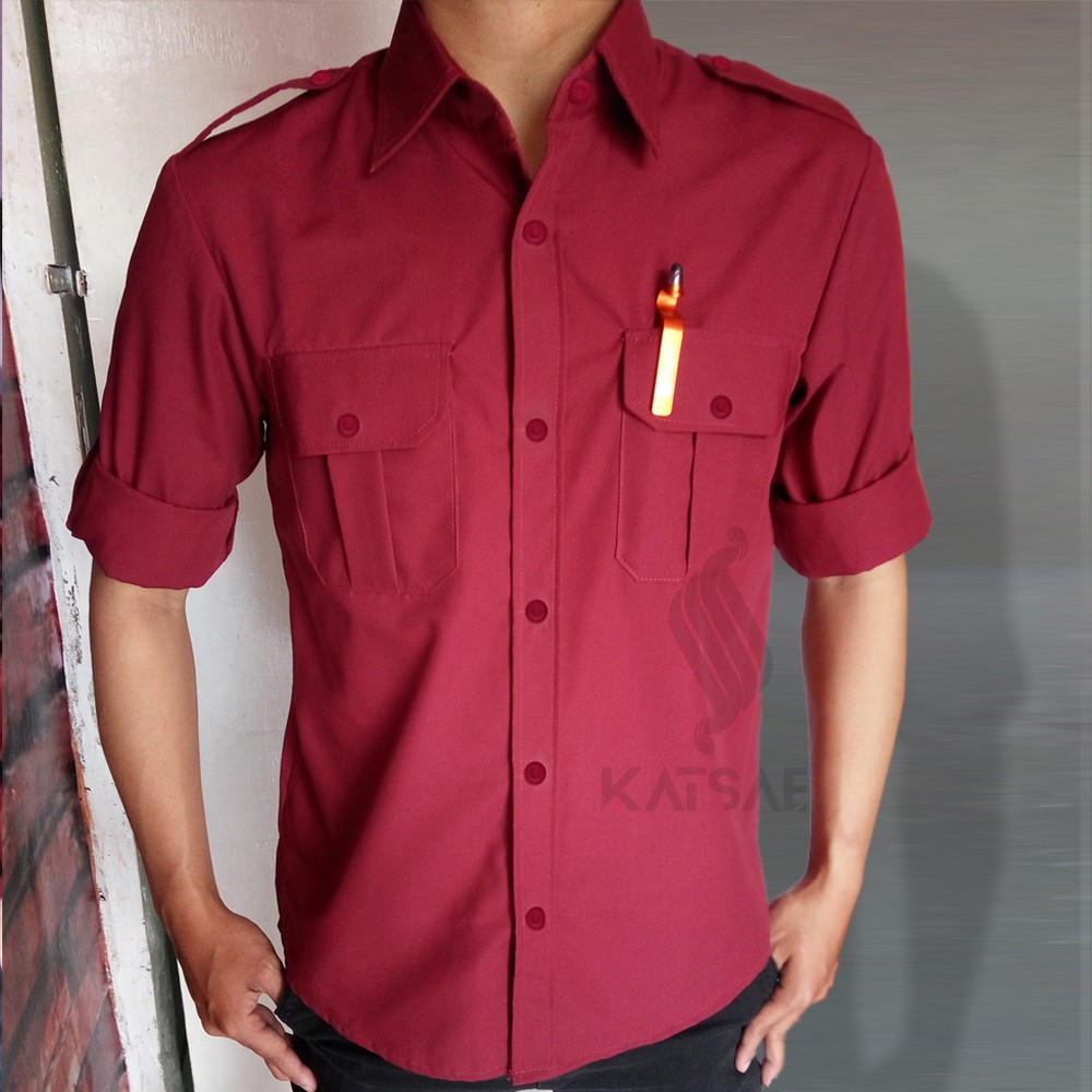 Jual Kemeja pdl lapangan - kemeja seragam kerja - kemeja merah maroon ...