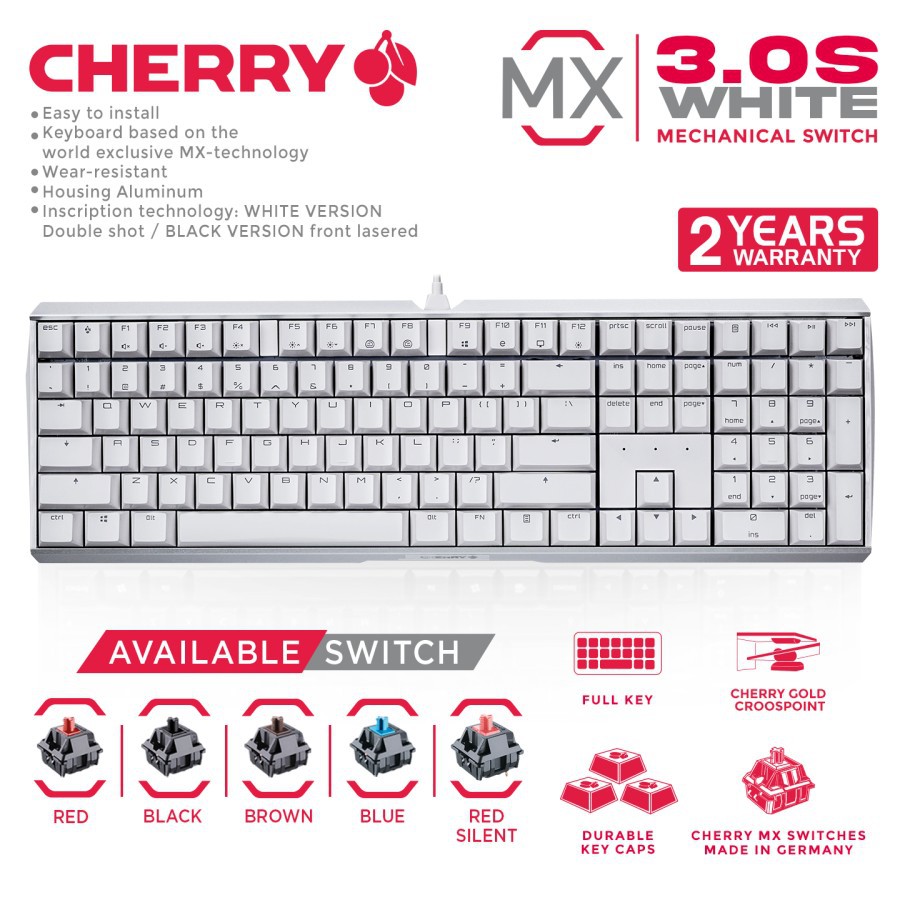 Jual Cherry MX Mechanical Gaming Keyboard White Full Keys - MX 3.0S NBL ...