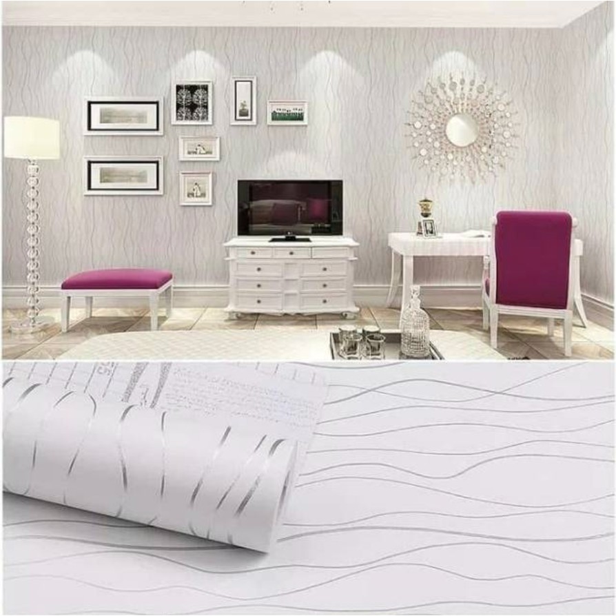 Jual Wallpaper Dinding Motif Wave Garis Salur Putih Silver Minimalis