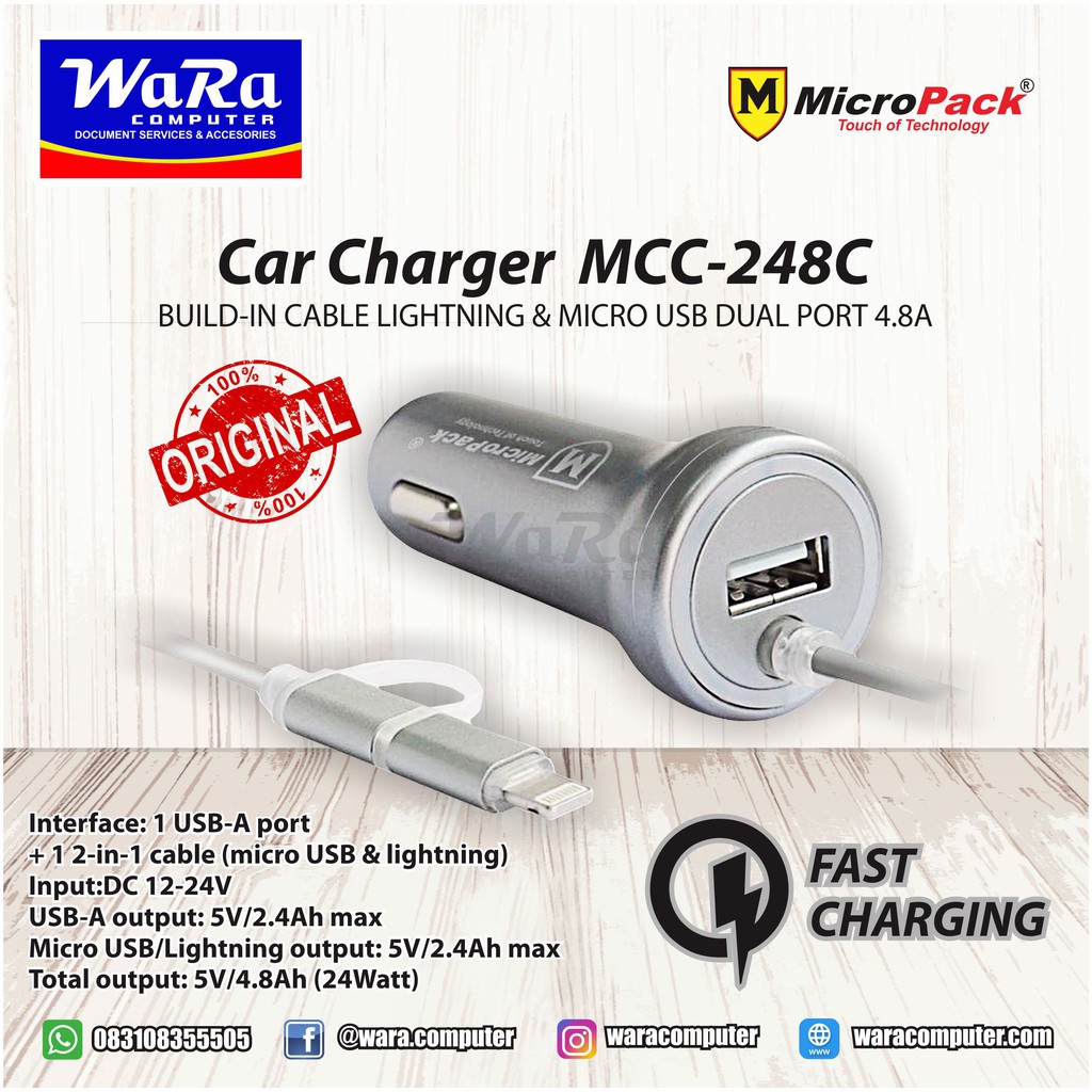 Jual Micropack Car Charger MCC-248C [ Build-in Cable Lightning + Micro ...