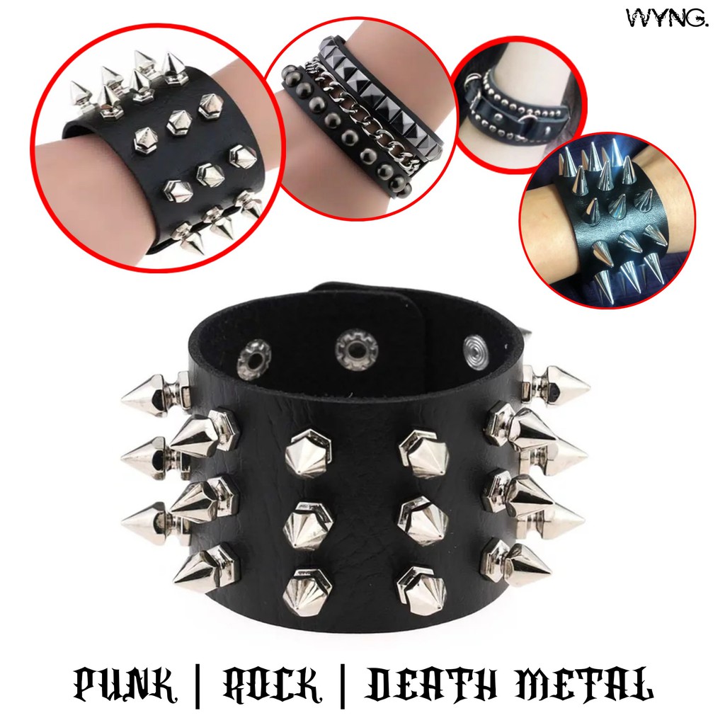 Jual Bracelet Punk Rock Gelang Rantai Kulit Duri Black Death Metal ...
