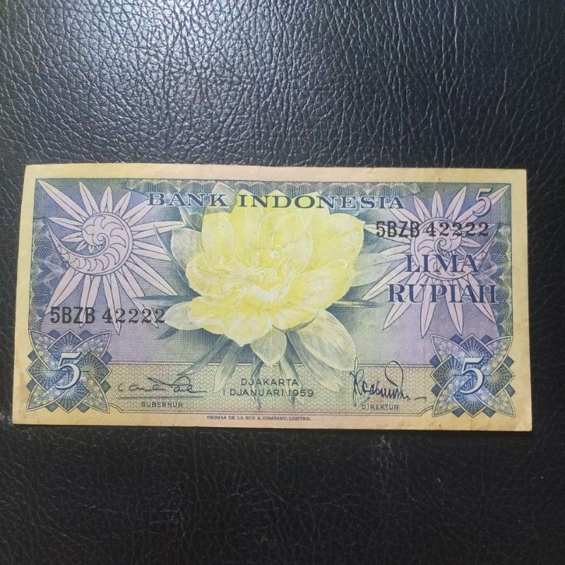 Jual uang kertas 5 rupiah seri bunga thn 1959 no seri cantik 5BXB4 2222 | Shopee Indonesia