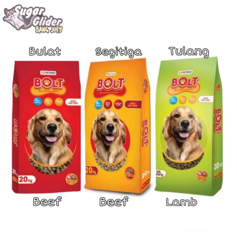 Jual makanan anjing BOLT DOG FOOD BEEF / LAMB repack 1KG bulat segitiga ...