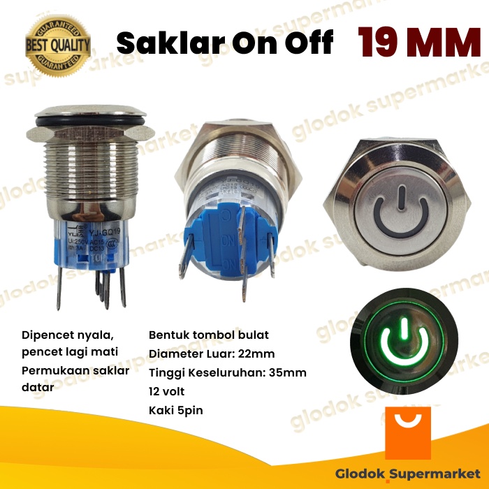 Jual Switch Metal 19mm Push On Off Lampu 5 Pin Logo Power Saklar ...