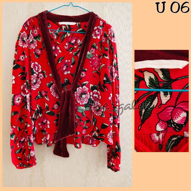 Jual U06 Baju Blouse Merah Motif Bunga Merk Zara Preloved Bagus Murah ...