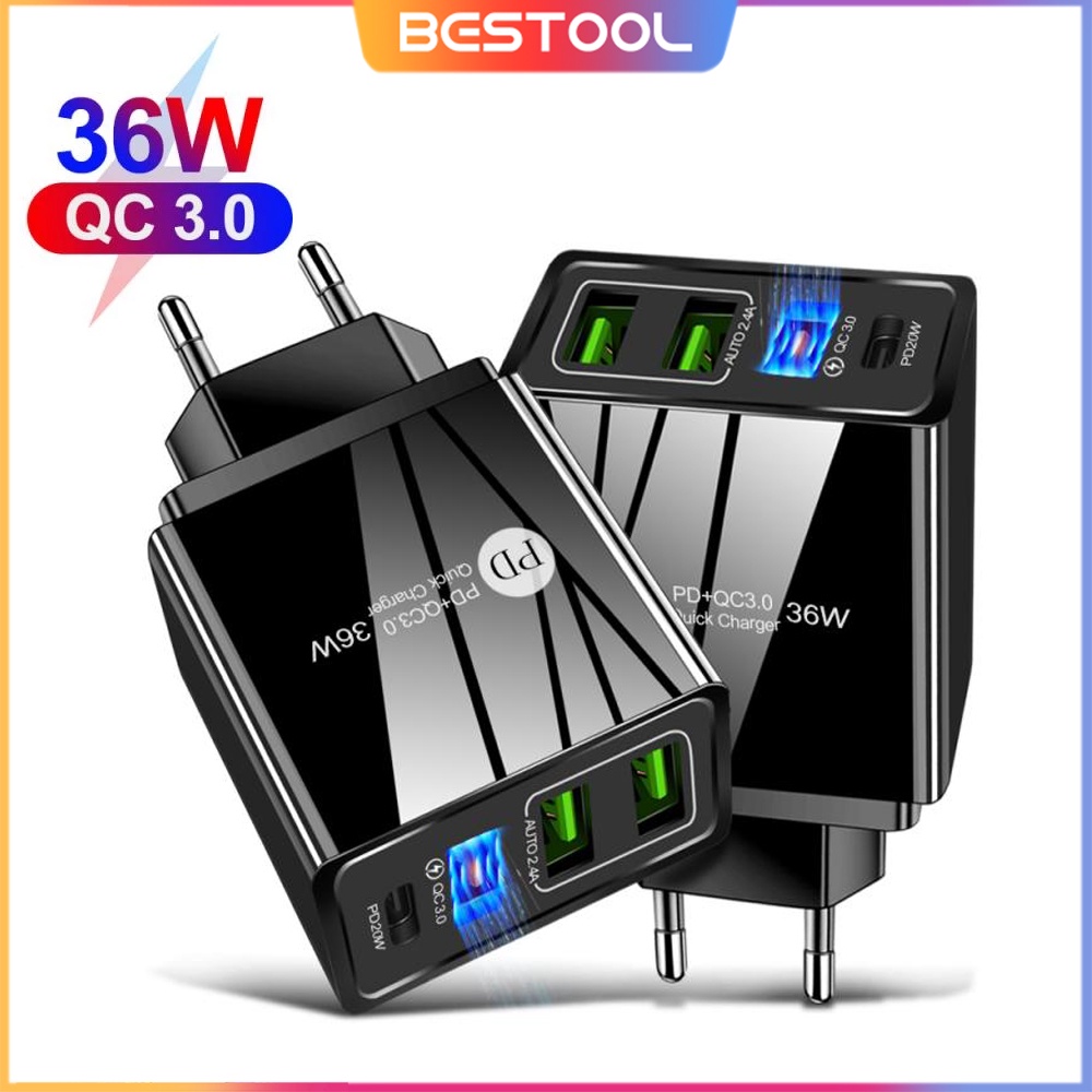 Jual BESTOOL 36W Fast Kepala Charger Quick Charge PD 20W+QC3.0 +2.4A Dual USB Charger-Garansi ...