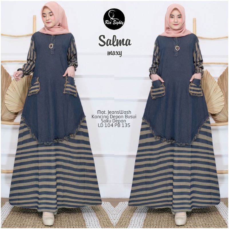 Jual baju gamis jeans denim wanita kombinasi motif garis salur strip ...