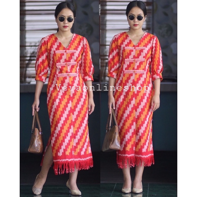 Jual DRESS ETNIK TENUN SHANGHAI MERAH ORANGE KHAS KALIMANTAN BARAT ...