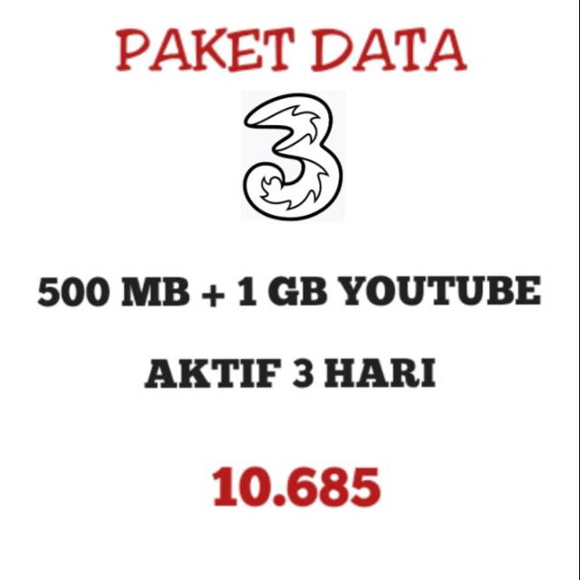 Jual PAKET DATA THREE 500MB + 1 GB YOUTUBE AKTIF 3 HARI | Shopee Indonesia