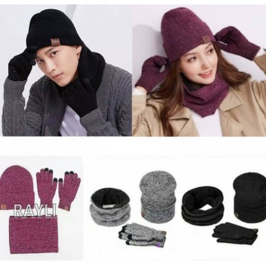 Jual Set 3Pcs Topi Kupluk Wool Hangat+Scarf+Sarung Tangan untuk Winter ...
