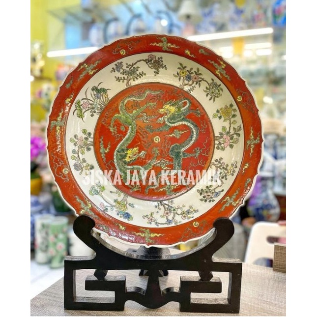 Jual piring hiasan dinding keramik nyonyaware warna merah motif naga ...